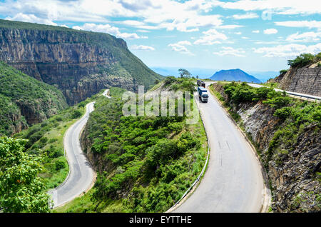 The impressive Serra da Leba pass in Angola. The road gains altitude ...