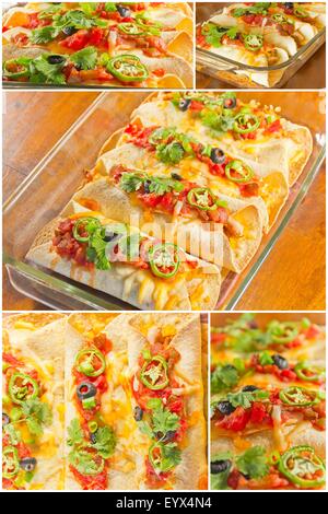 Variety of angles of enchilada casserole in Mexican food collage Stock ...