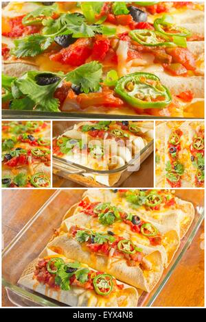 Variety of angles of enchilada casserole in Mexican food collage Stock ...
