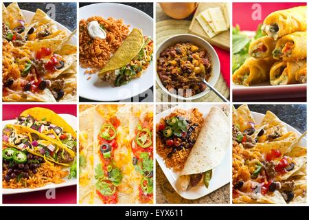 Collage of various Mexican dishes including enchiladas taquidos nachos ...