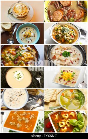 Variety of popular homemade soups in food collage imagery Stock Photo ...