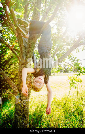 Portrait playful boy hanging upside down in backyard Stock Photo - Alamy