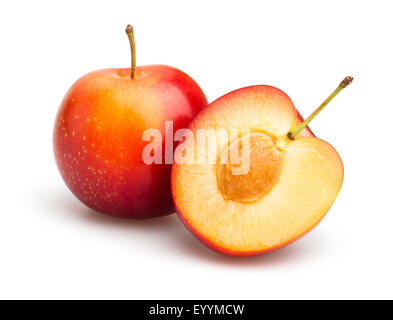 Sliced plum red orange isolated on white background one section half ...