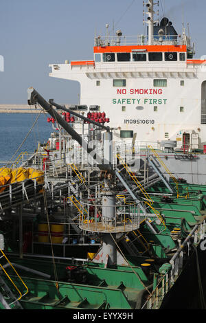 Oil tanker supplying fuel oil (bunkers) to Passenger cruise ship. Port ...