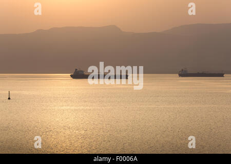 Ships gathering for night convoy through Suez canal. Red Sea Egypt ...