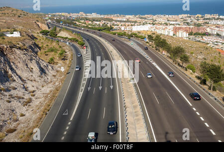 Aerial view 6 lane coastal highway A7, Costa del Sol, N340, to Marbella ...