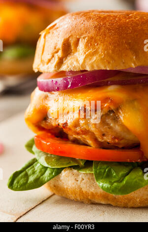 Homemade chicken burger with cheese and vegetable in white plate on a ...