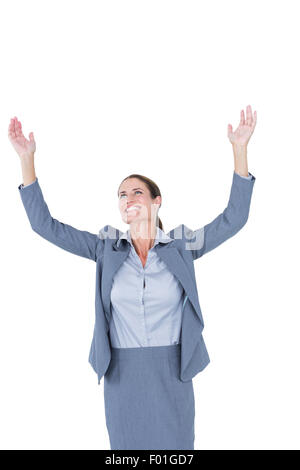 Businesswoman holding hands out in presentation on white background ...