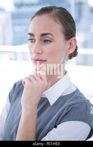 30s Caucasian businesswoman thinking on something, front, side, back ...