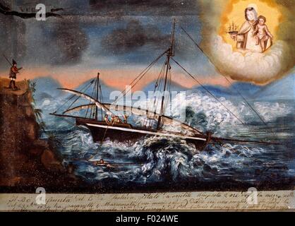 Virgin Mary with baby Jesus and sailing ships with cross of the Order ...