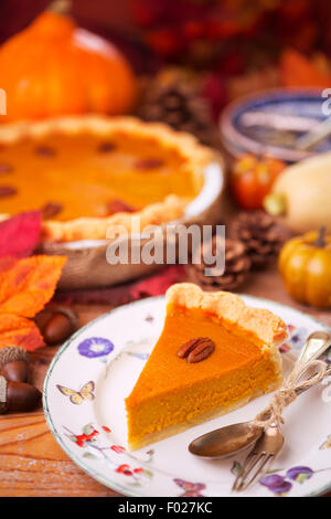 Slice of pumpkin orange pie. Traditional autumn dish. Healthy ...