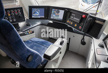 Empty train cabin of driver. Interior of control place of train ...
