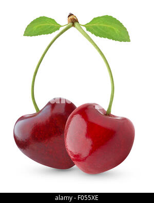 Pair of sweet cherry fruits with heart shaped stem on hand isolated on ...