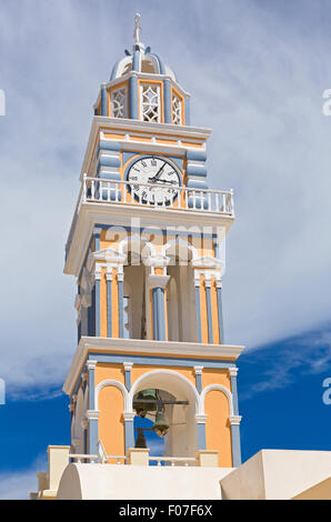 SANTORINI GREECE CHURCH CLOCK TOWER BY CAFE Stock Photo - Alamy