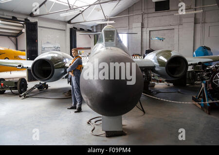 Interior of the Manston airfield history museum. A Rolls Royce Derwent ...