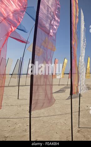Multi coloured flags at kite festivals at Fano beach, Denmark Stock ...