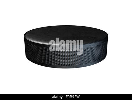 A regular rubber ice hockey puck on an isolated white studio background ...