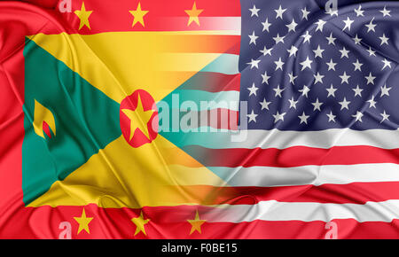 Grenada and United States flag waving in the wind against white cloudy ...
