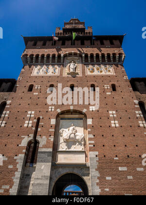 Sforza castle, main entrance at Filarete tower and fountain, Milan ...