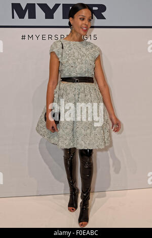 Jennifer Hawkins arrives at the Myer Spring 16 fashion launch in Sydney ...