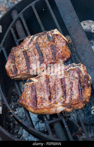 Pair of steaks grilling over a campfire Stock Photo - Alamy