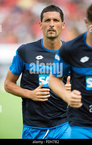 Leverkusen, Germany. 15th Aug, 2015. The Hoffenheim team celebrates the ...