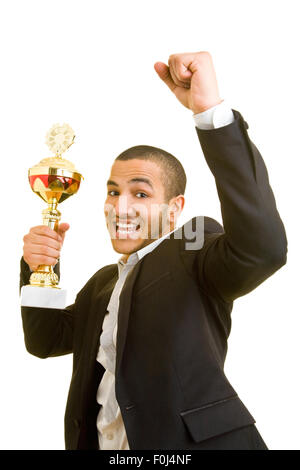 Black man, excited and cheering for celebration and happiness with guy ...