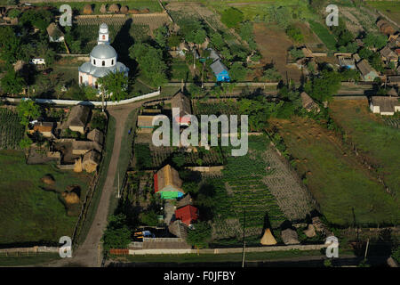 Aerial view of Letea village, within the Danube delta rewilding area ...