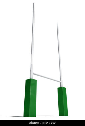 White rugby posts with green padding on an isolated white studio ...