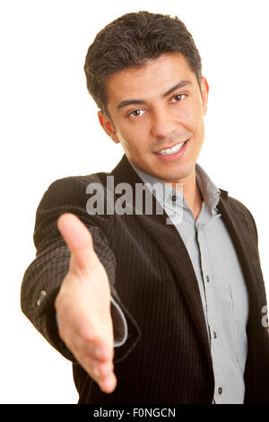 Businessman, open hand and welcome for handshake, deal or agreement ...