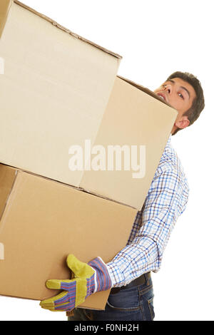 Helper carry heavy cardboard boxes with owners belongings to new house ...