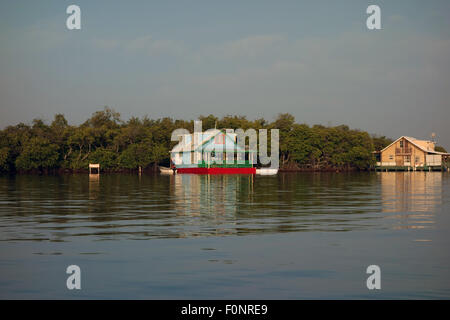 House boats moored to the mangrove islands off the coast of La Parguera ...