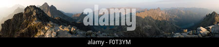 Panoramic image of High Tatras peaks from Rysy summit during sunrise ...
