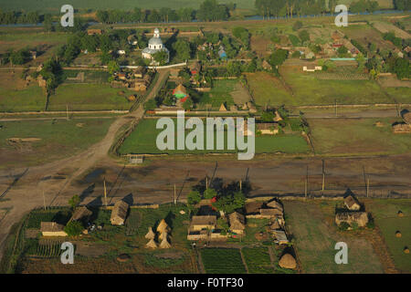 Aerial view of Letea village, within the Danube delta rewilding area ...