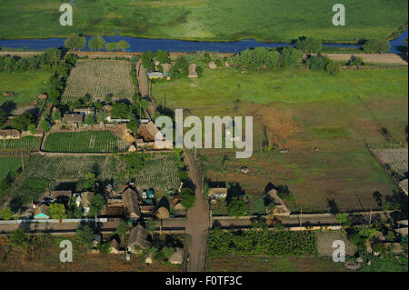 Aerial view of Letea village, within the Danube delta rewilding area ...