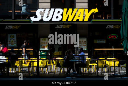 Hannover, Germany. 21st Aug, 2015. Sandwich promotion hangs up inside ...