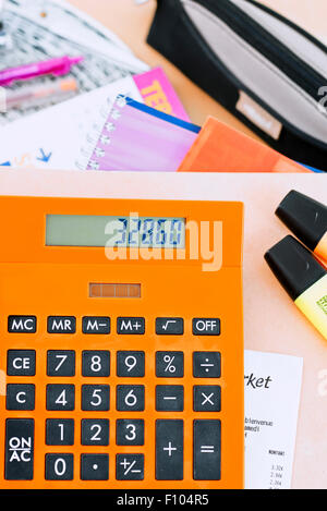 Close up school supplies on color background Stock Photo - Alamy