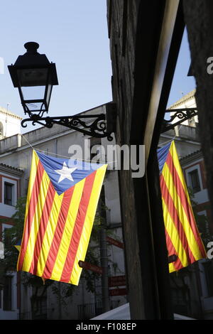 The Catalan flag, symbol of independence is displayed at Folgueroles ...