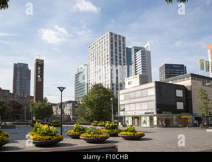 High rise modern office block buildings and shops in central Rotterdam ...