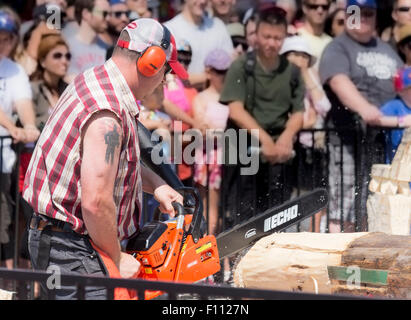 Strong lumberjack cut tree using axe. Man woodcutter work at forest ...