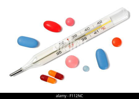 pills with fever thermometer Stock Photo - Alamy