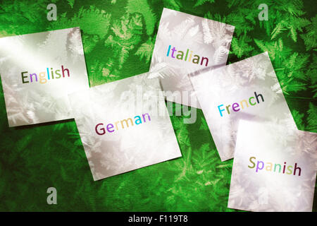 Cards with different languages in light and color Stock Photo - Alamy