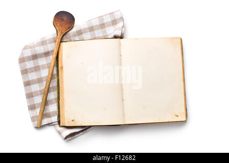 Blank vintage recipe cooking book, utensils and ingredients on wooden ...