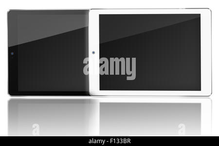 Tablet computers with black screen and reflection isolated on white ...