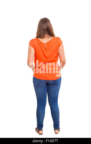 Woman posing with her back faced to camera, isolated over copy space ...