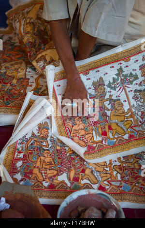 Traditional kamasan-style painting at a workshop in the traditional ...
