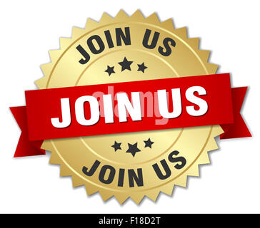 join us 3d gold badge with blue ribbon Stock Photo - Alamy