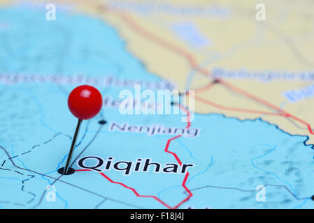 Qiqihar pinned on a map of China Stock Photo - Alamy