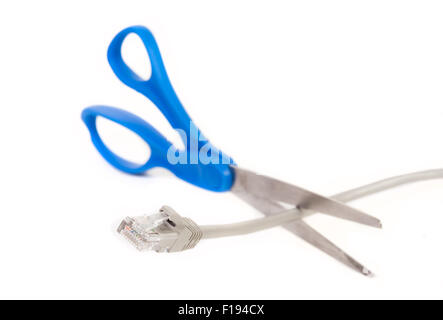 Scissors cutting LAN cable - no more internet Stock Photo - Alamy