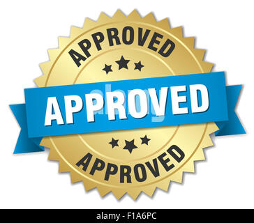 APPROVED badge. Round metal sign with text approved on wooden ...